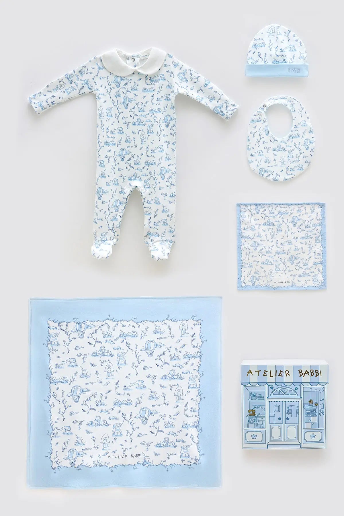 Newborn Set 5-Piece Toile de Jouy Blue | 100% Cotton Baby Gift Box