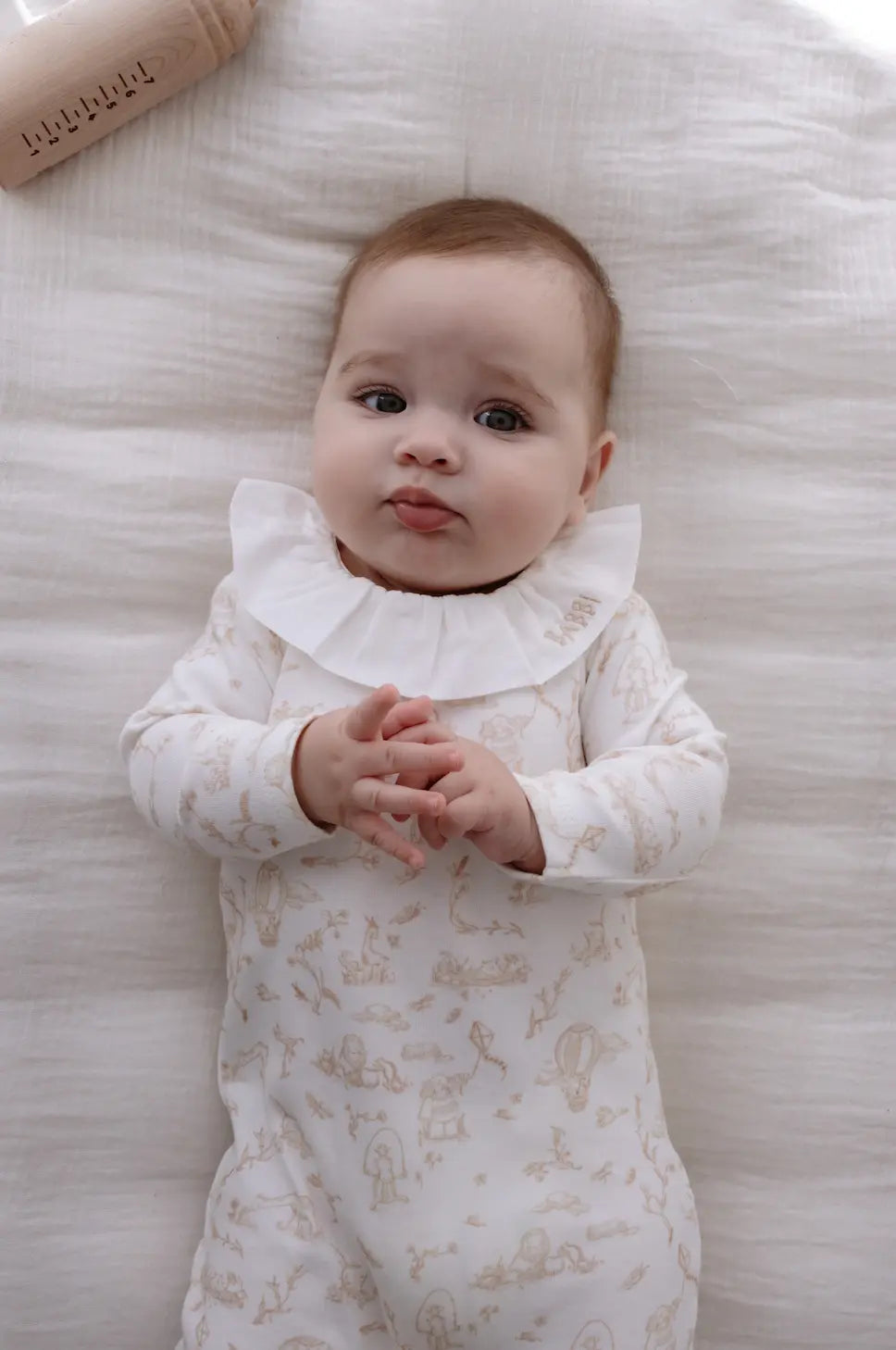 Toile De Jouy Baby Footed Onesie - Beige | Organic Cotton Newborn Wear